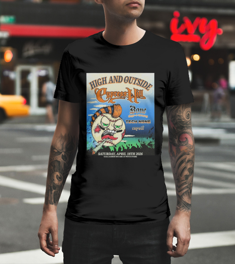 High And Outside Cypress Hill Bone Thugs N Harmony Tech N9ne Coyote Gallagher Square Petco Park April 18 2026 T-Shirt