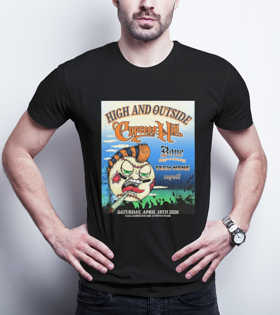 High And Outside Cypress Hill Bone Thugs N Harmony Tech N9ne Coyote Gallagher Square Petco Park April 18 2026 T-Shirt