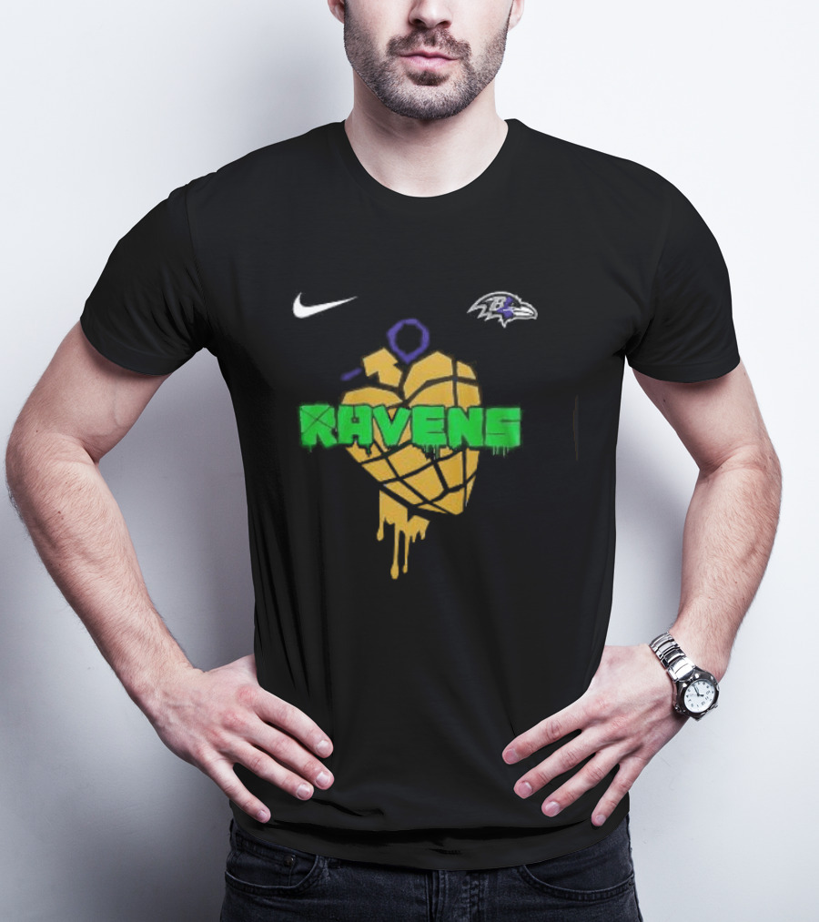 Baltimore Ravens Green Day Football Skull Nike Ravens Heart T-Shirt