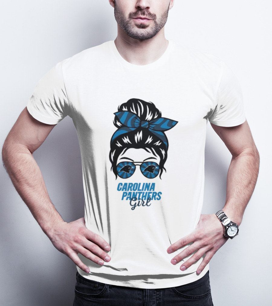 Carolina Panthers Girl Messy Bun Glasses Blue Bow Fan T-Shirt
