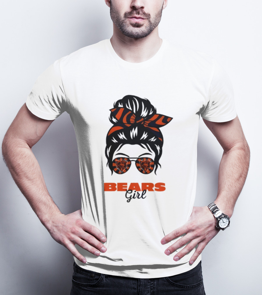 Chicago Bears Girl Messy Bun Glasses Football Fan T-Shirt