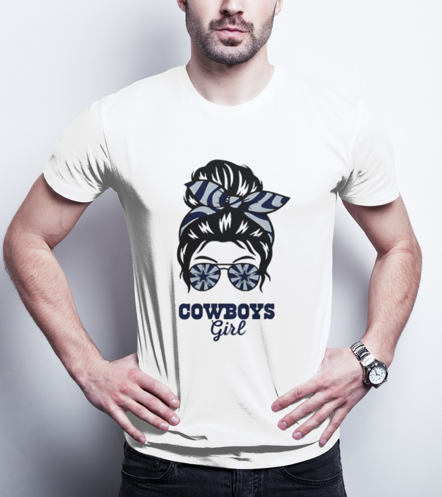 Dallas Cowboys Girl Messy Bun With Glasses And Star T-Shirt