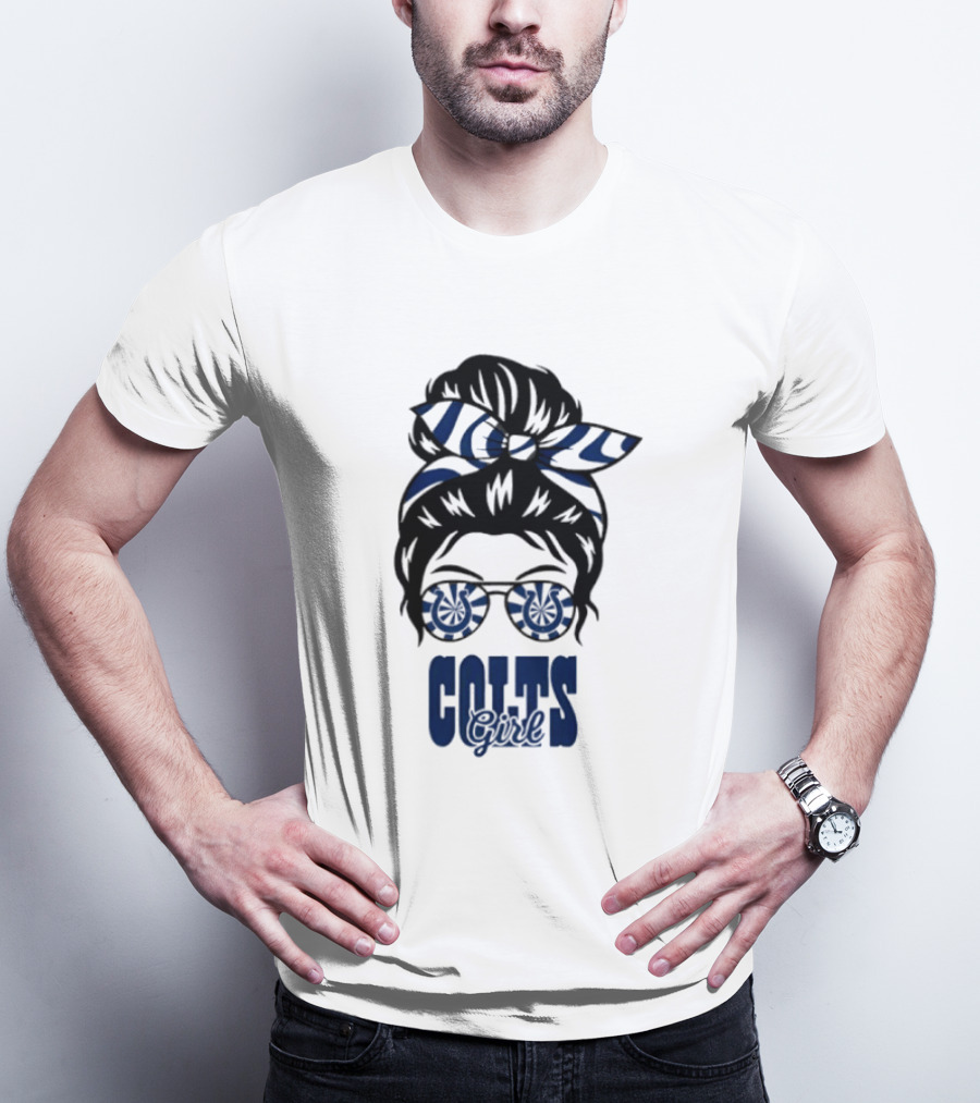 Indianapolis Colts Fan Messy Bun Glasses T-Shirt