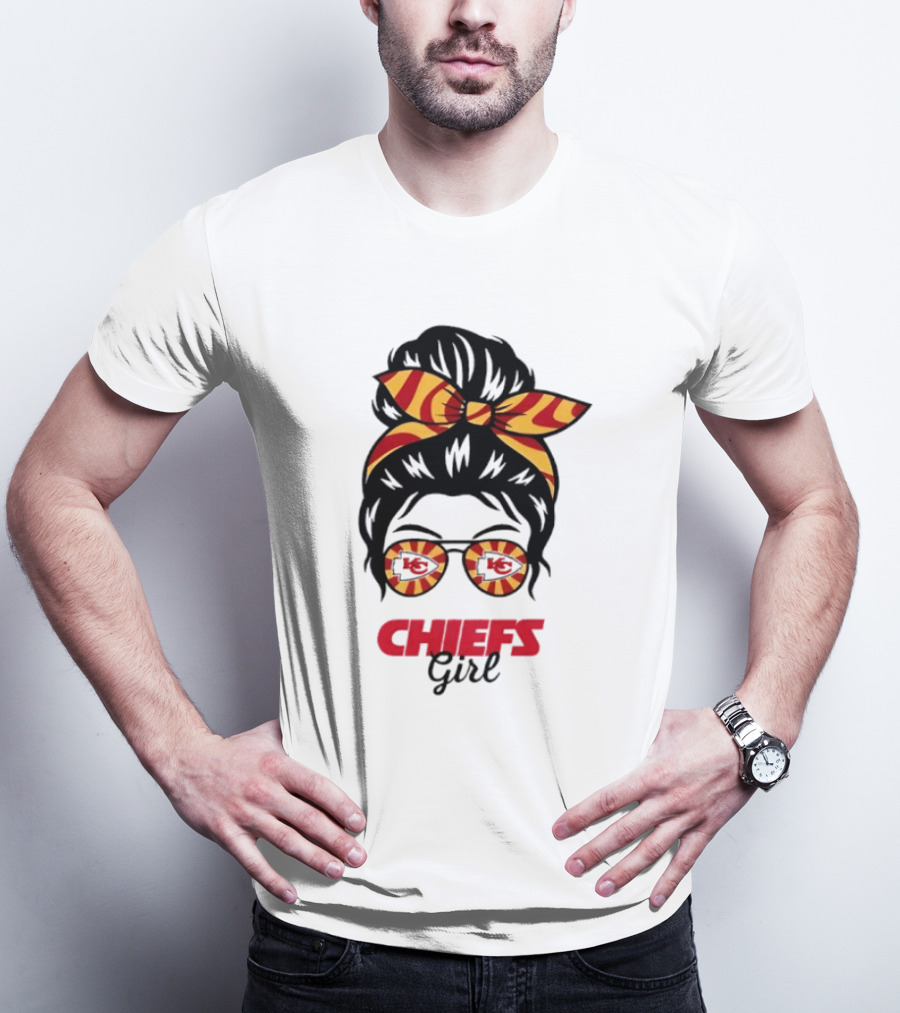 Kansas City Chiefs Girl Messy Bun With Striped Bow And Glasses T-Shirt