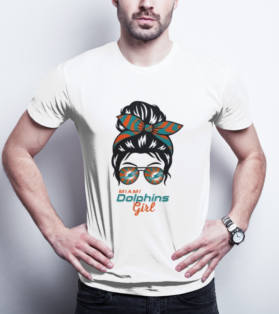 Miami Dolphins Girl Messy Bun Glasses Bow Fan Merchandise T-Shirt