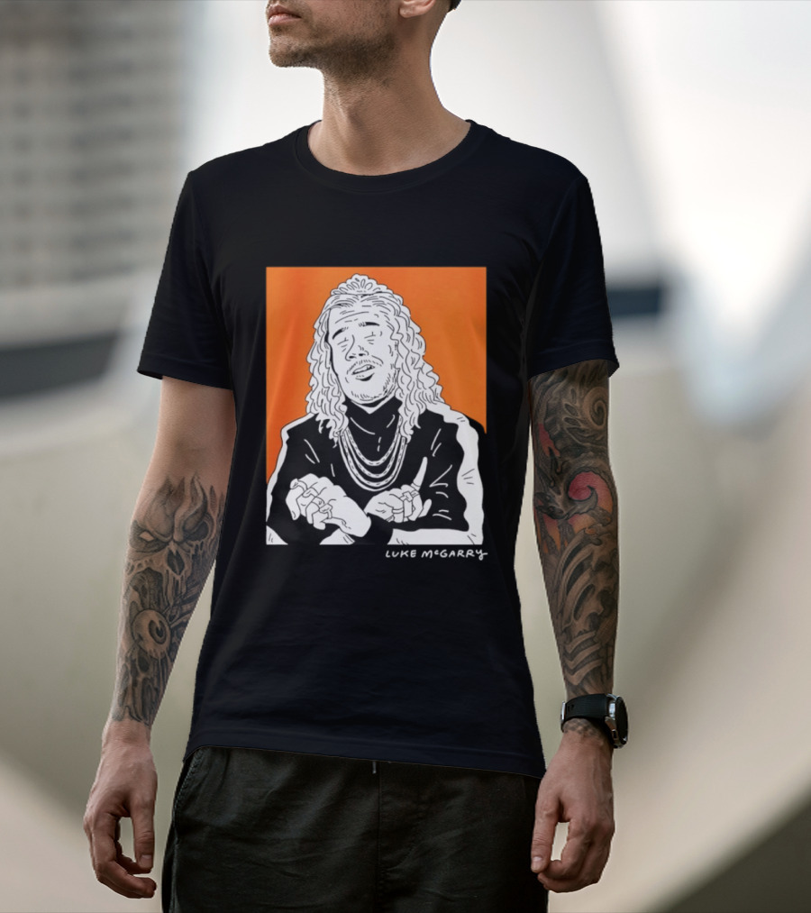 Luke McGarry Cartoon Character With Long Hair And Chains On Orange T-Shirt