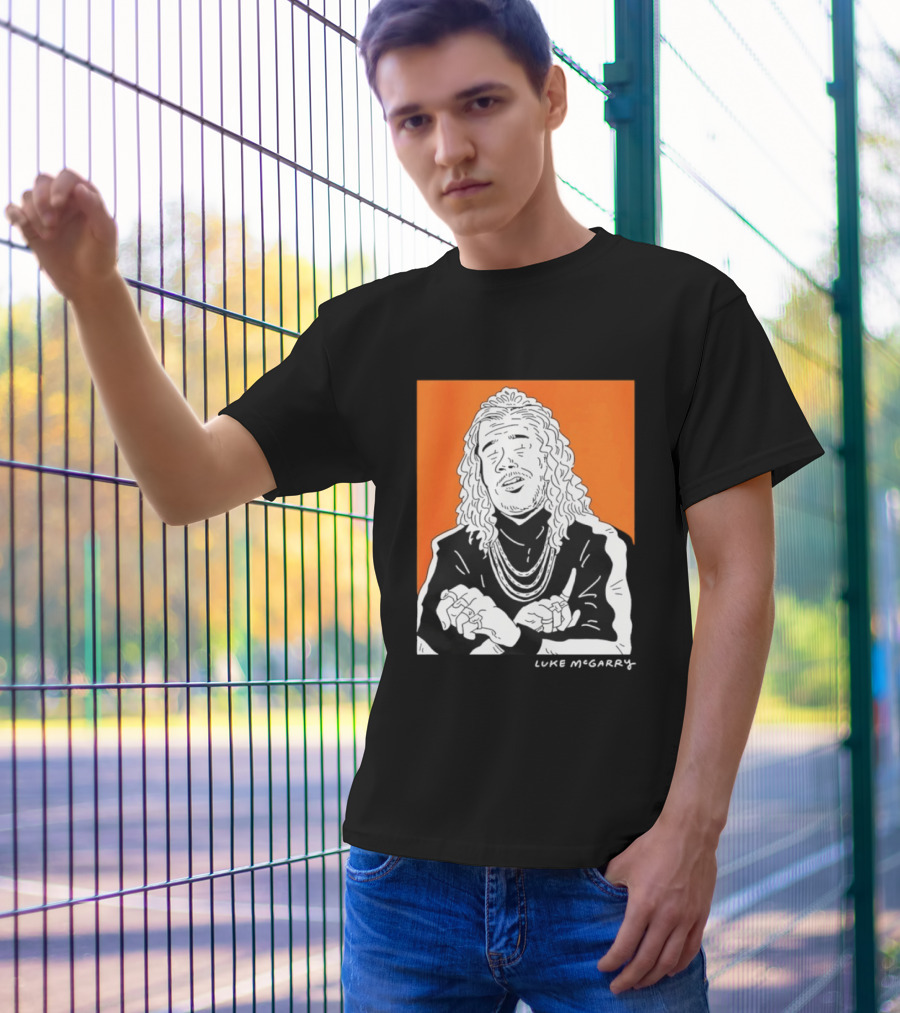 Luke McGarry Cartoon Character With Long Hair And Chains On Orange T-Shirt