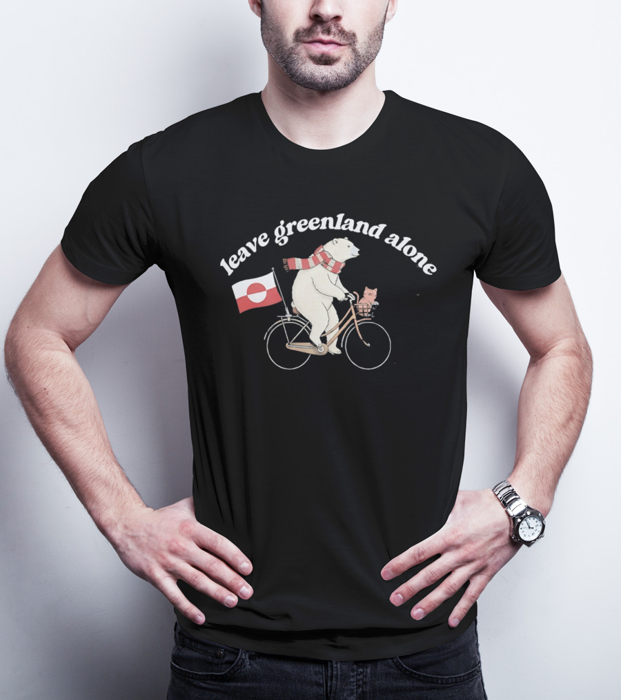 Leave Greenland Alone Bear On Bicycle With Greenland Flag And Scarf T-Shirt