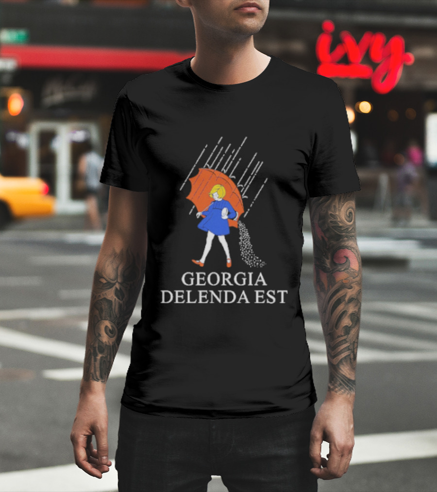 Georgia Delenda Est Salty Girl Red Umbrella Blue Coat Rain T-Shirt