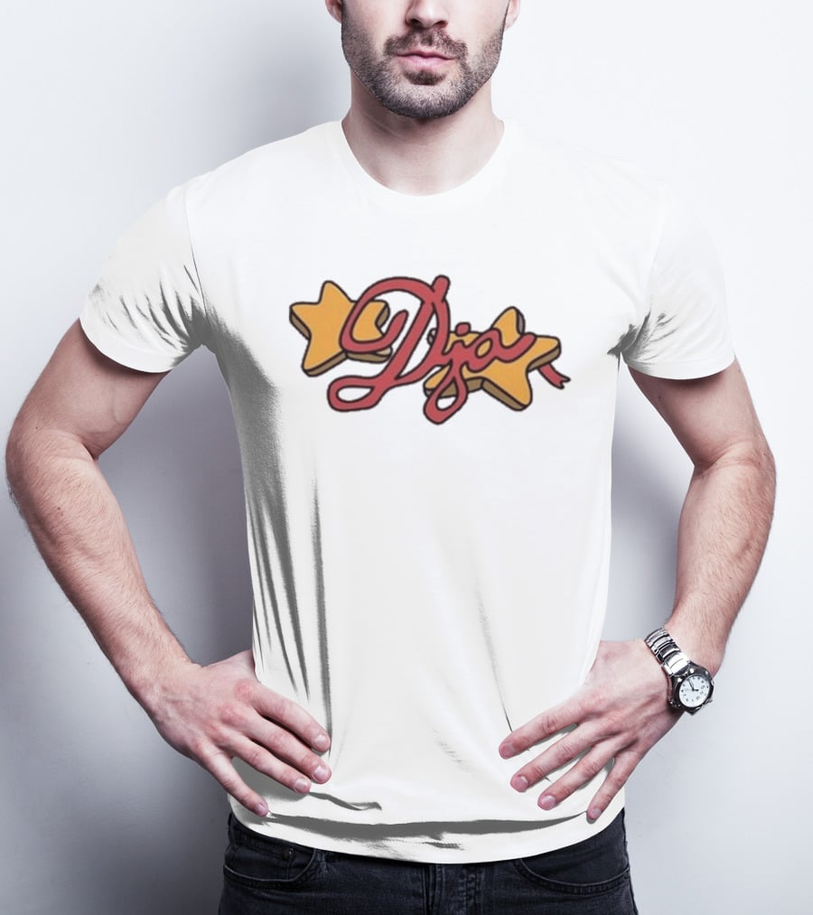 Djo Star Yellow Stars Red Script Font T-Shirt