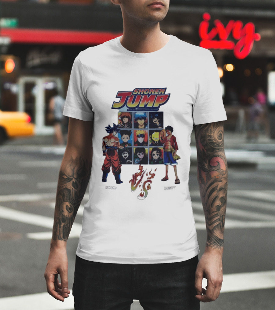 Shonen Jump Goku Luffy Anime Crossover Naruto One Piece Classic Manga Characters T-Shirt