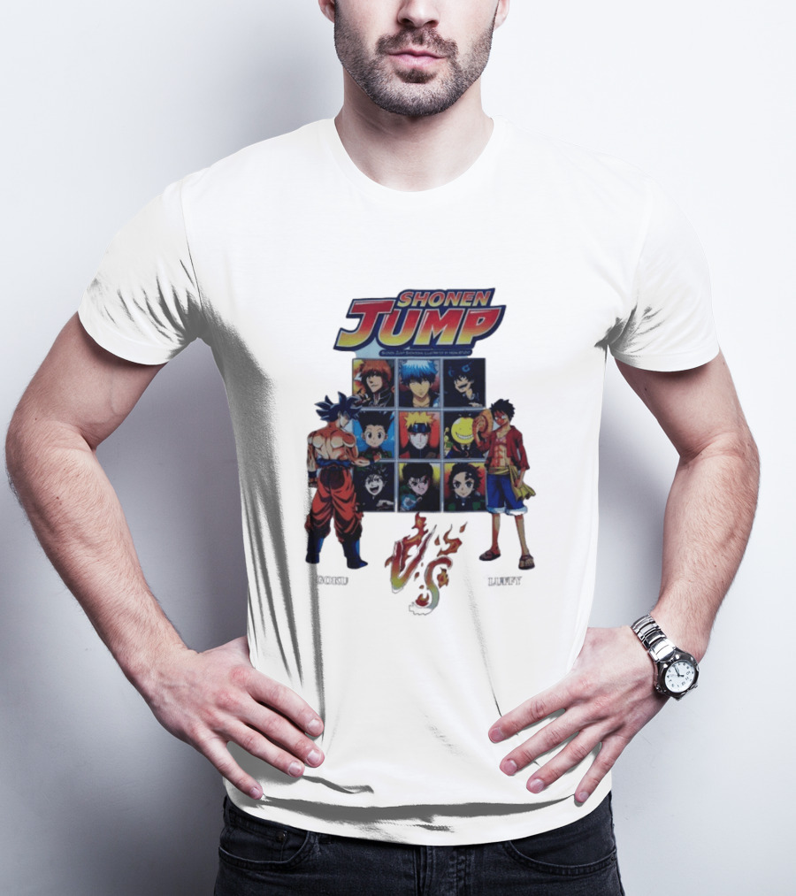 Shonen Jump Goku Luffy Anime Crossover Naruto One Piece Classic Manga Characters T-Shirt
