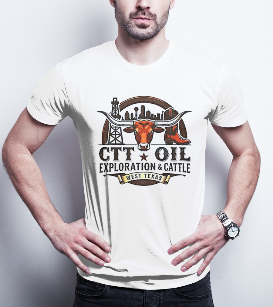 West Texas Longhorns CTT Oil Exploration And Cattle Skyline And Boot T-Shirt