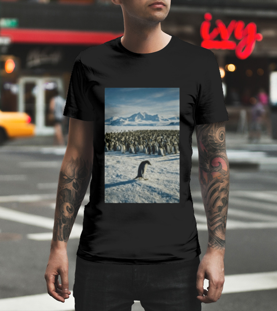 Against The Current Solitary Penguin Aesthetic Arctic Landscape T-Shirt