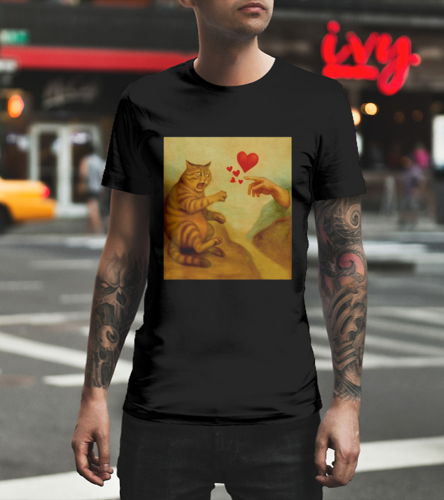 Cat Swatting God's Hand Surrounded By Hearts T-Shirt