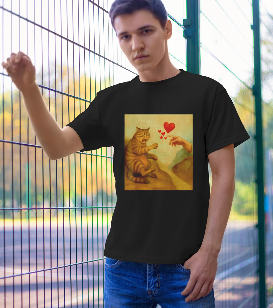 Cat Swatting God's Hand Surrounded By Hearts T-Shirt