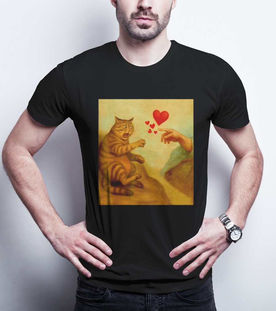 Cat Swatting God's Hand Surrounded By Hearts T-Shirt
