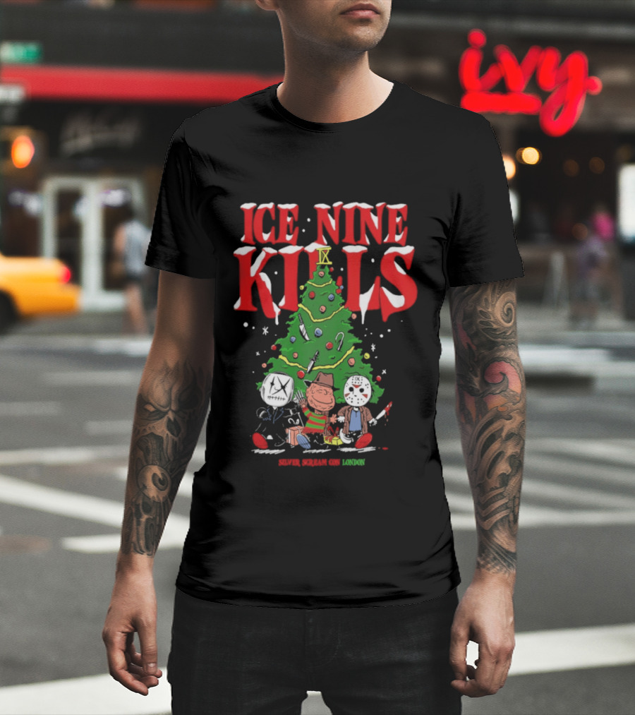 Ice Nine Kills Silver Scream Con Festive Horror Villains Christmas Tree T-Shirt