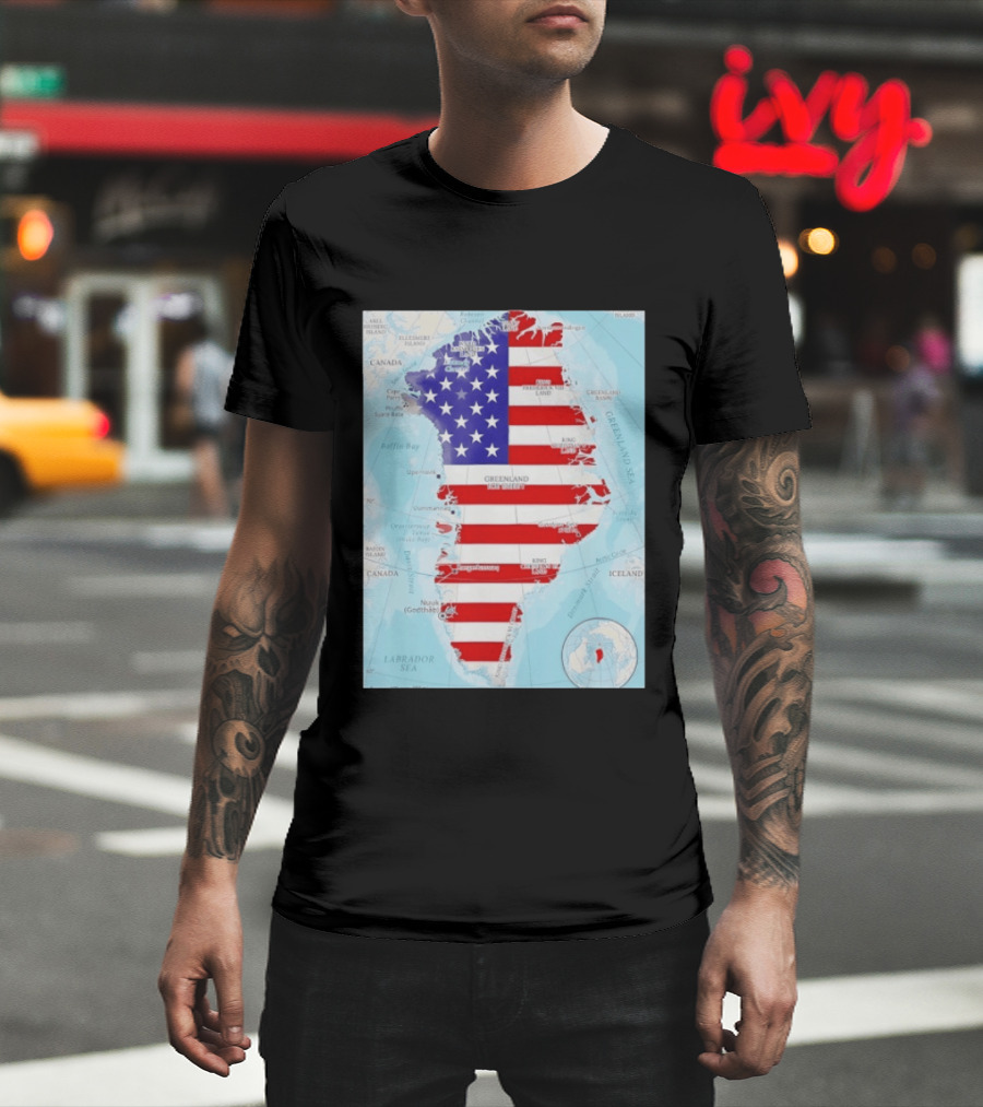USA Flag Over Greenland Map American Patriot T-Shirt