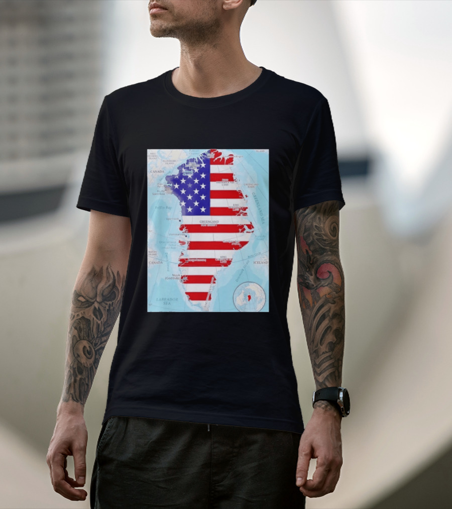USA Flag Over Greenland Map American Patriot T-Shirt