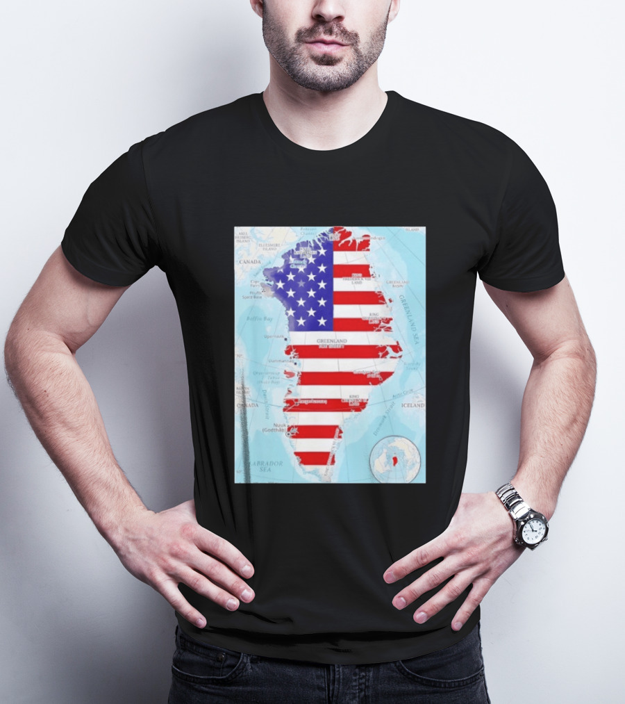 USA Flag Over Greenland Map American Patriot T-Shirt