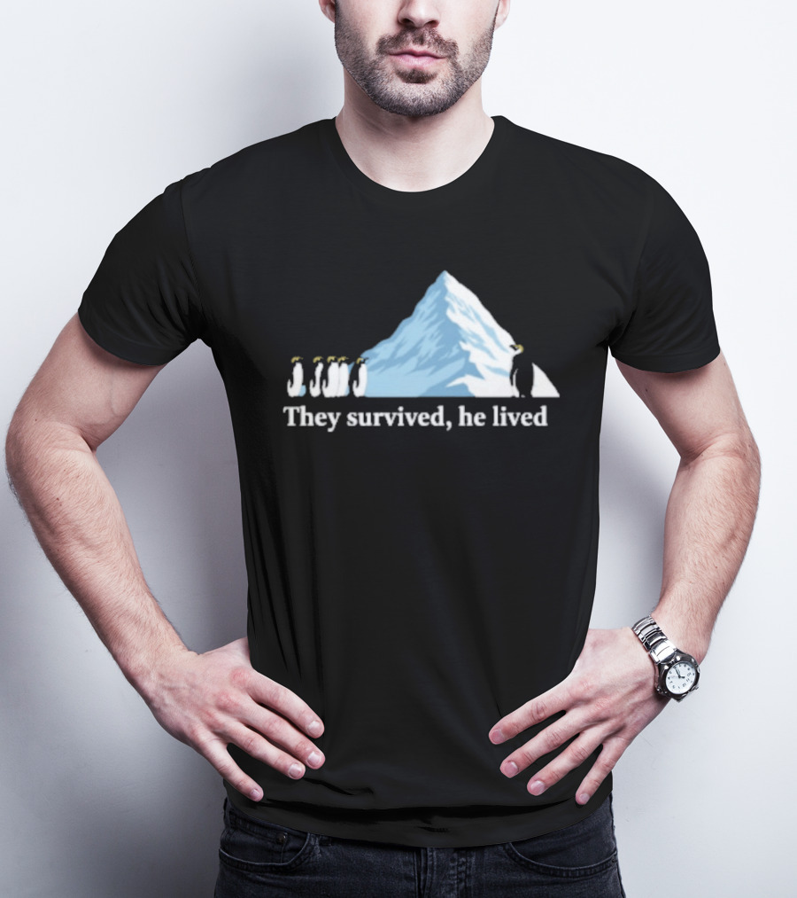 They Survived He Lived Penguin Halo Mountain Scene T-Shirt