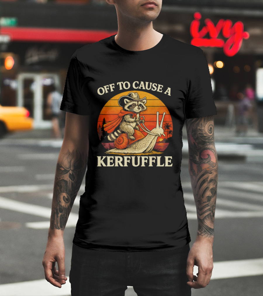 Off To Cause A Kerfuffle Raccoon Riding Snail Cowboy Adventure T-Shirt