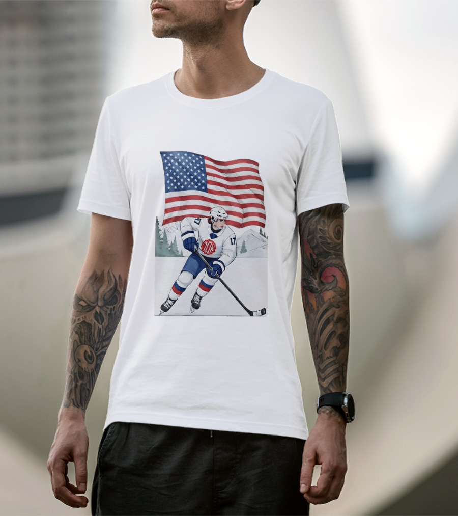 USA Hockey Player Number 17 American Flag Winter Olympics T-Shirt
