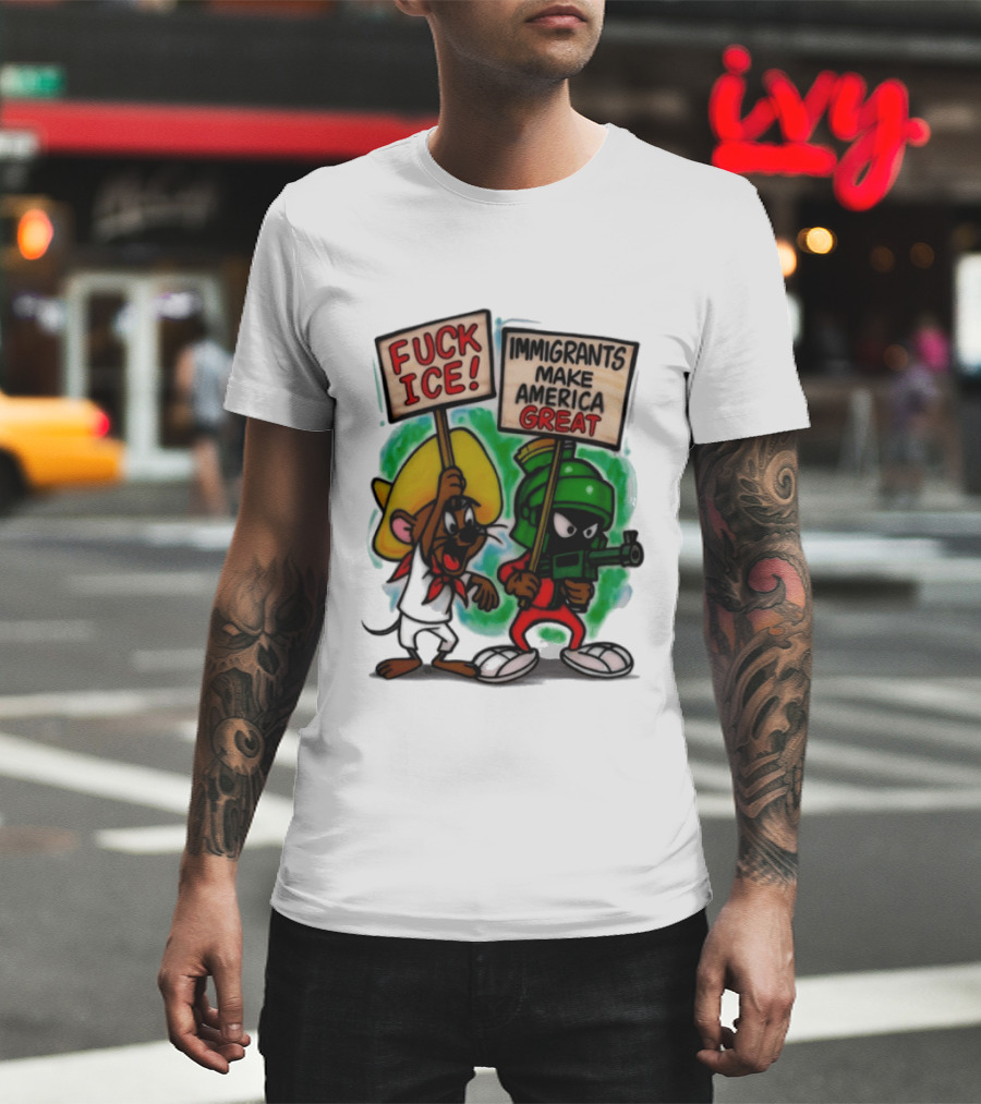 Fuck Ice Immigrants Make America Great Characters With Signs T-Shirt