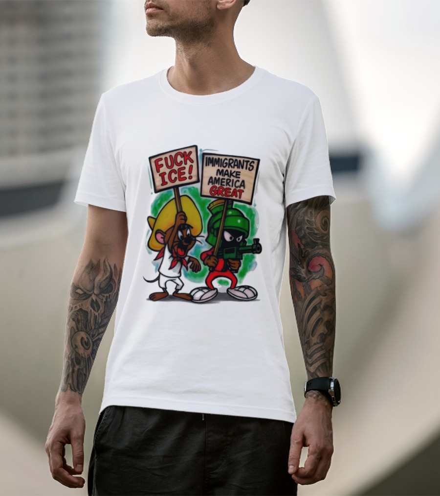 Fuck Ice Immigrants Make America Great Characters With Signs T-Shirt