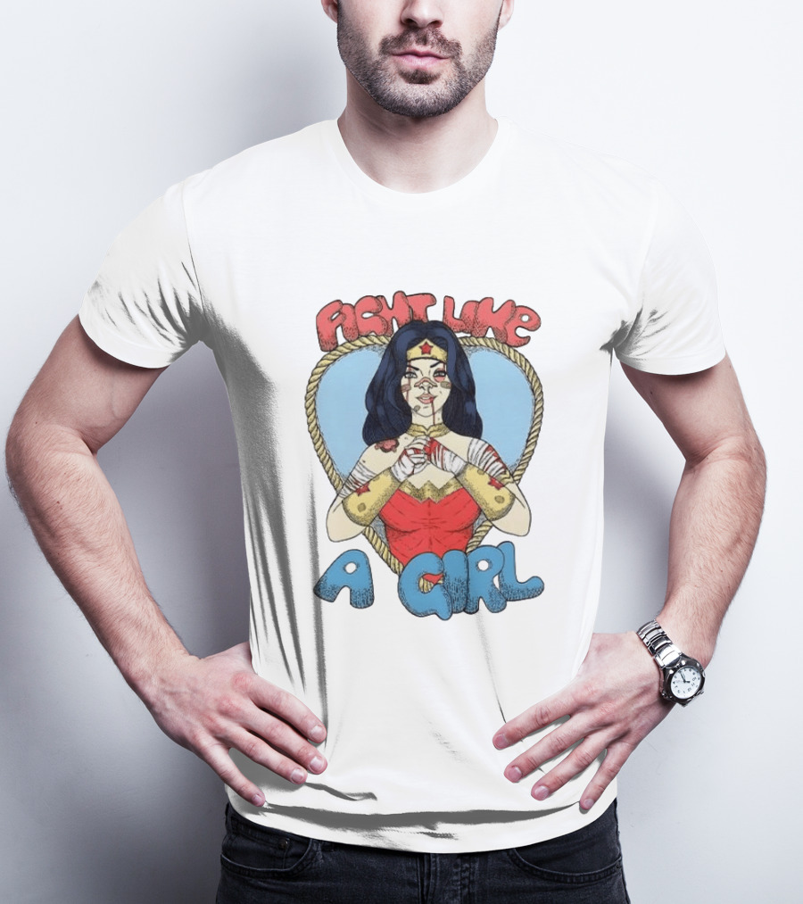 Wonder Woman Fight Like A Girl Cartoon Heart Rope Border T-Shirt