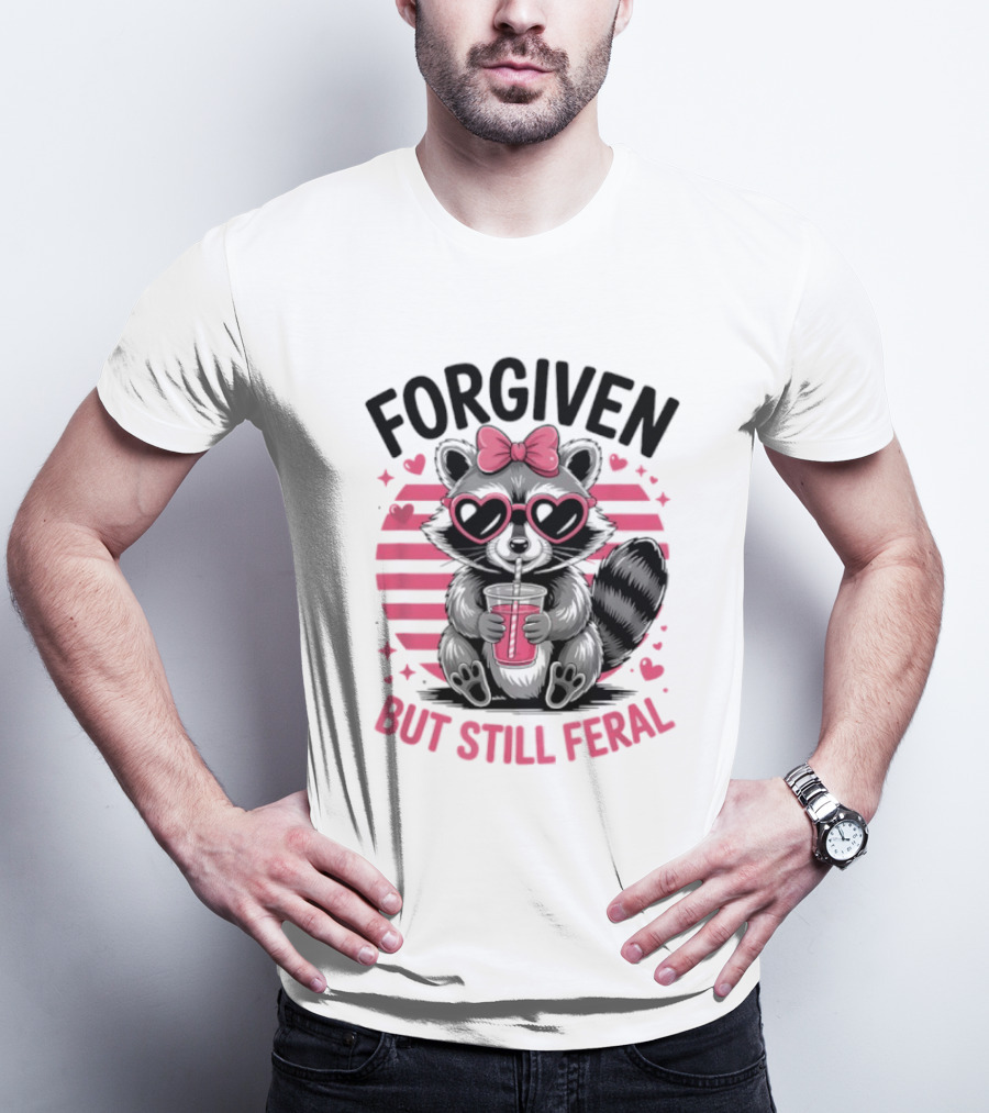 Forgiven But Still Feral Raccoon With Heart Glasses And Bow T-Shirt