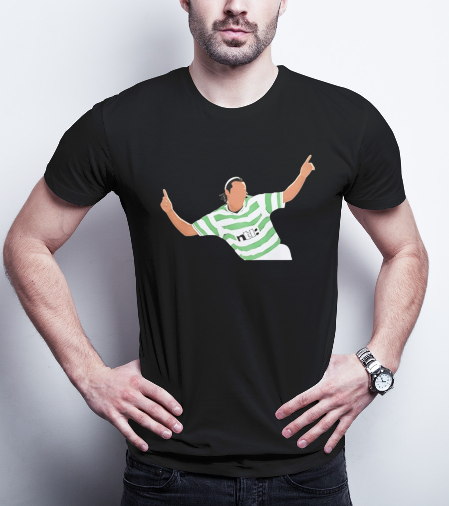 Henrik Larsson Celebrating In Celtic FC Hoops With Ntl Sponsorship T-Shirt