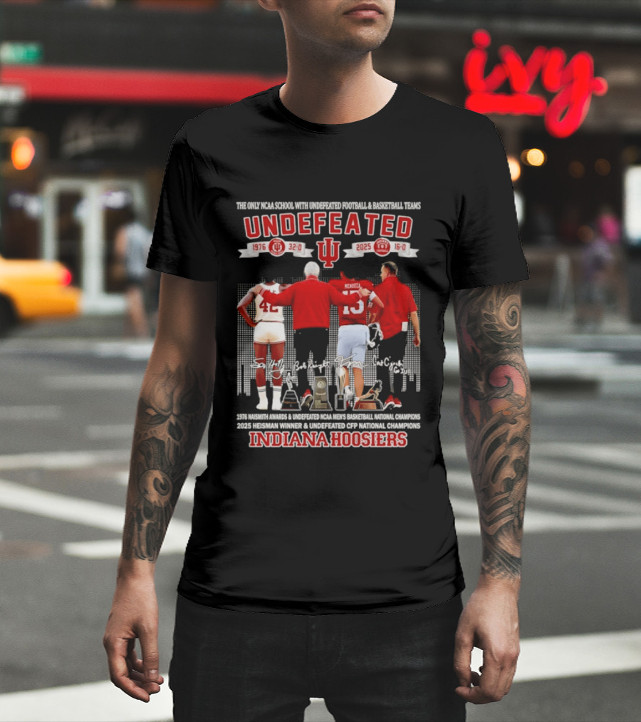 Indiana Hoosiers Undefeated 1976 Basketball 2025 Football McGinnis Bailey Memorial Stadium T-Shirt