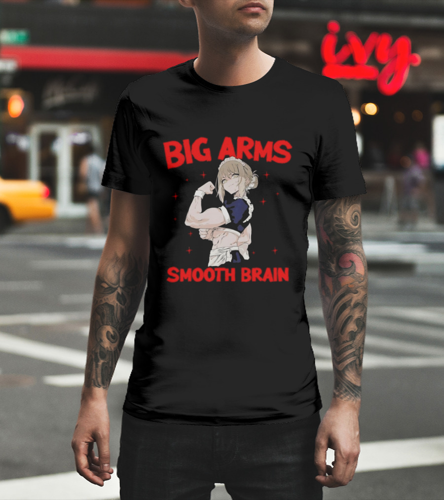 Big Arms Smooth Brain Anime Maid Flexing Strong Muscles T-Shirt