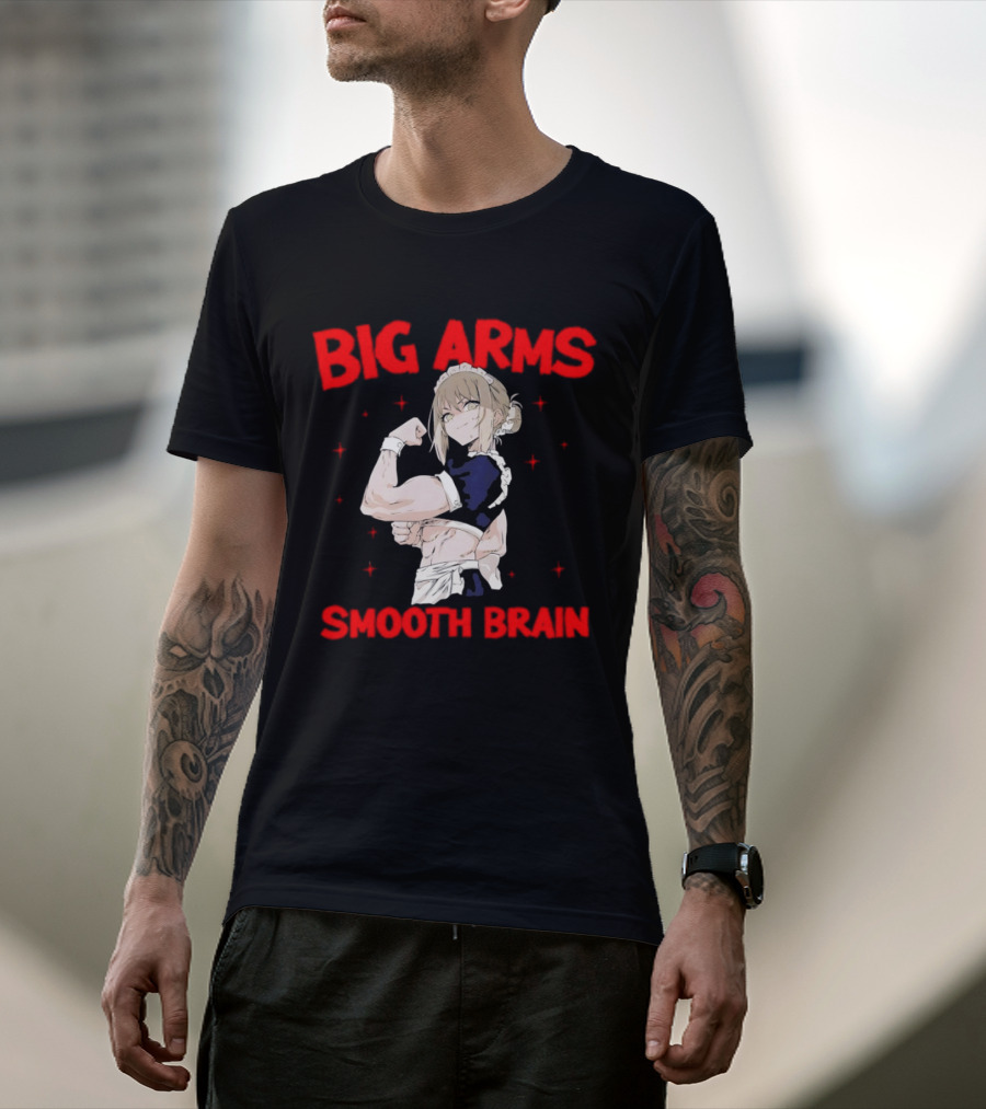 Big Arms Smooth Brain Anime Maid Flexing Strong Muscles T-Shirt