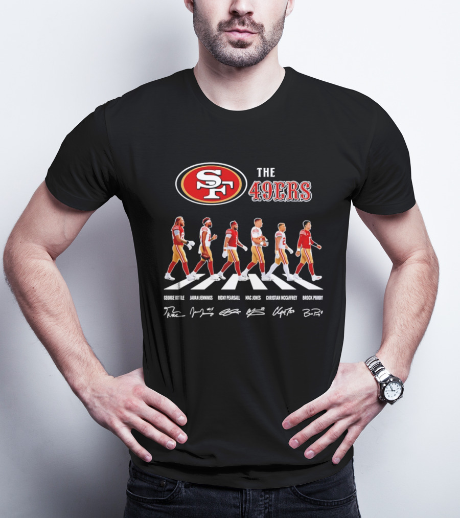 San Francisco 49ers Abbey Road 2026 Signatures Trent Williams Deebo Samuel George Kittle Christian McCaffrey Brock Purdy T-Shirt