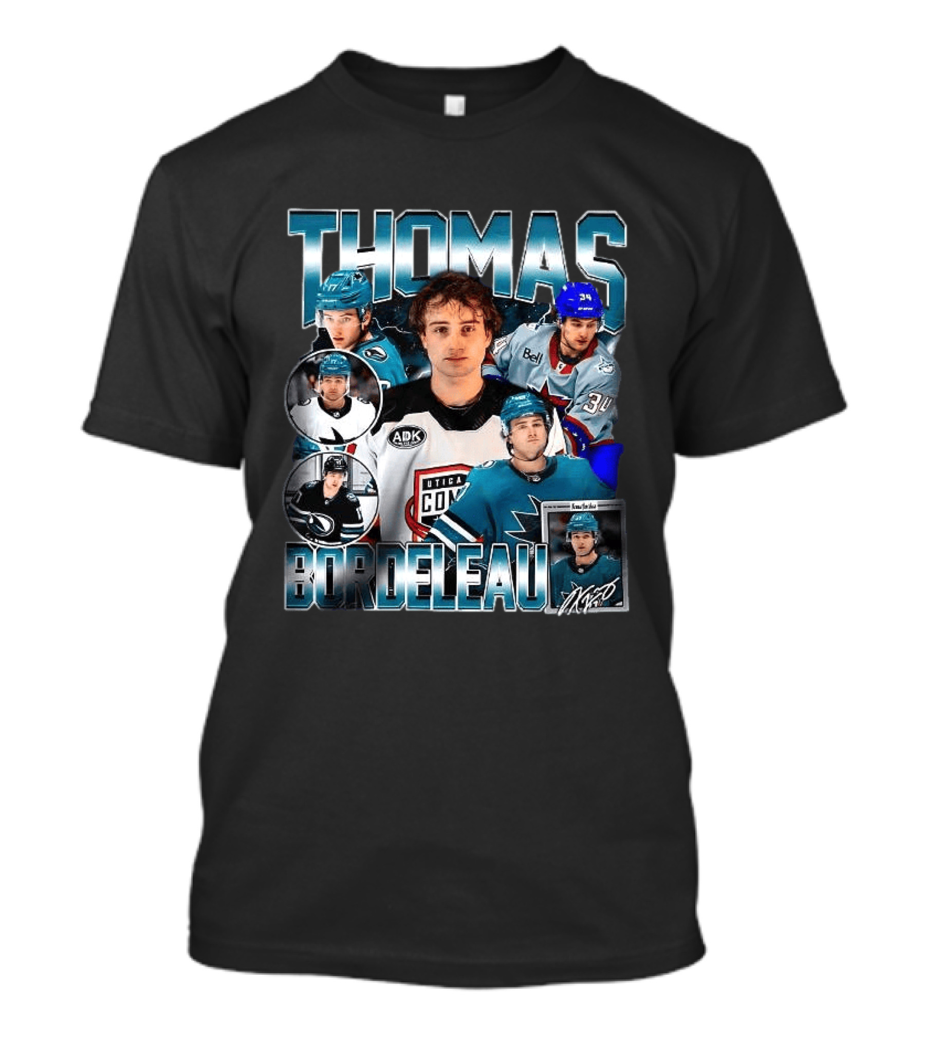 Thomas Bordeleau Hockey San Jose Sharks NHL Utica Comets AHL Bell ADK 34 Signature T-Shirt