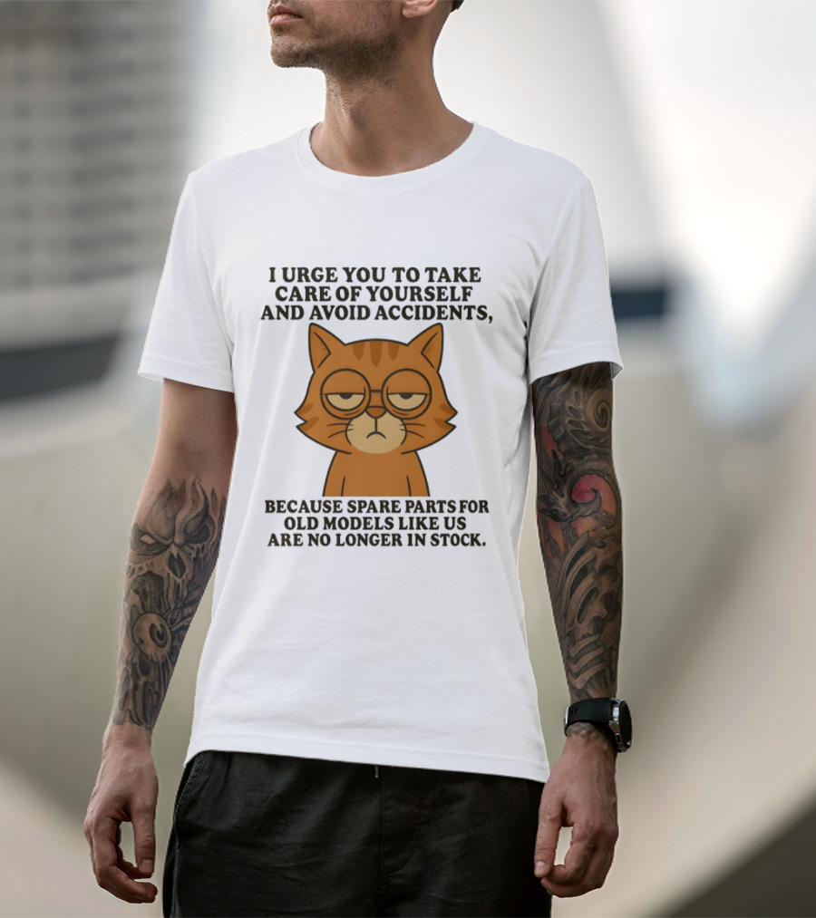 Sad Orange Cat I Urge You To Take Care Of Yourself And Avoid Accidents Spare Parts For Old Models No Longer In Stock T-Shirt