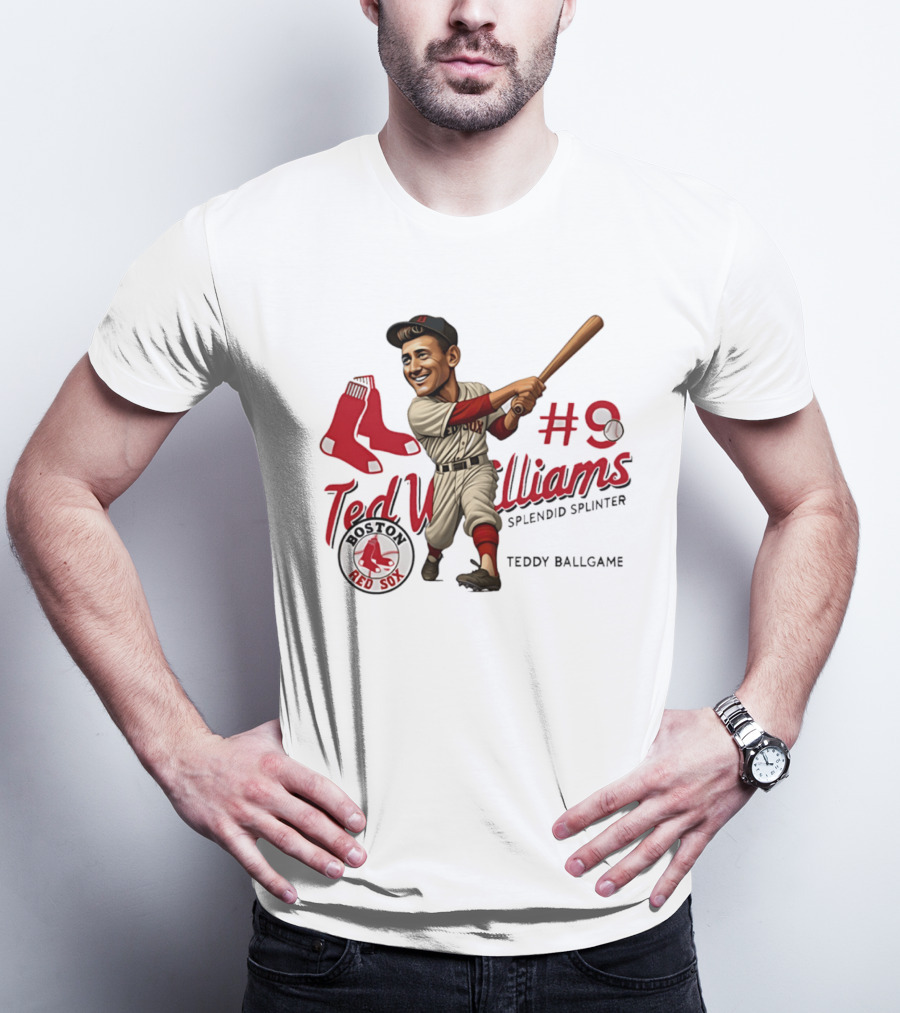 Ted Williams Boston Red Sox Splendid Splinter #9 Teddy Ballgame Caricature T-Shirt