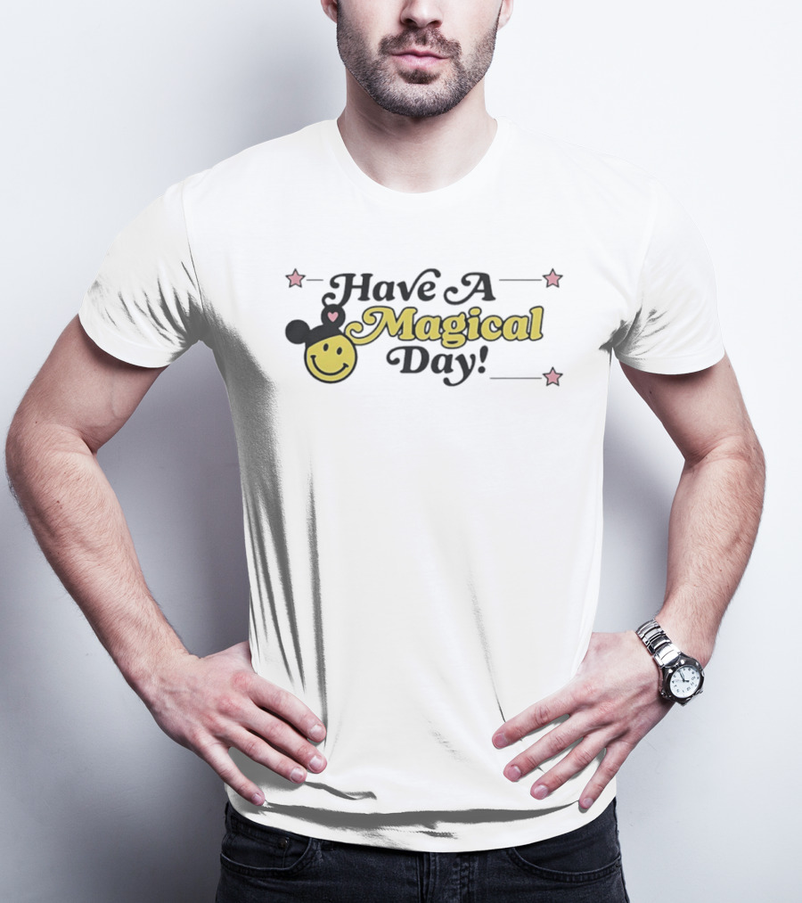 Have A Magical Day Smiley Face With Mouse Ears And Pink Stars T-Shirt