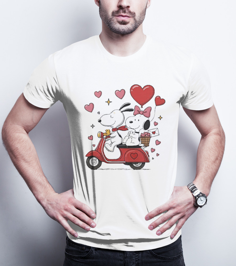 Valentines Day Snoopy Couple Riding Scooter With Hearts And Balloons T-Shirt