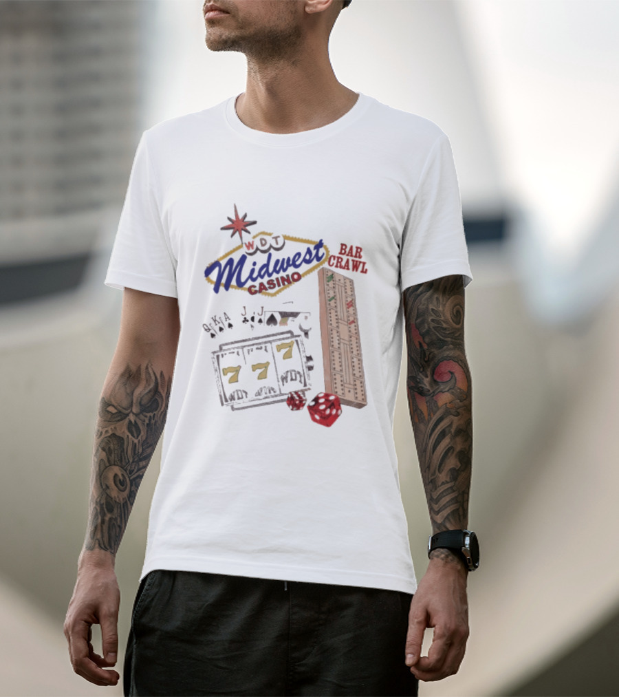 Wisconsin Midwest Casino Bar Crawl Slot Machine Dice Playing Cards Cribbage Board T-Shirt