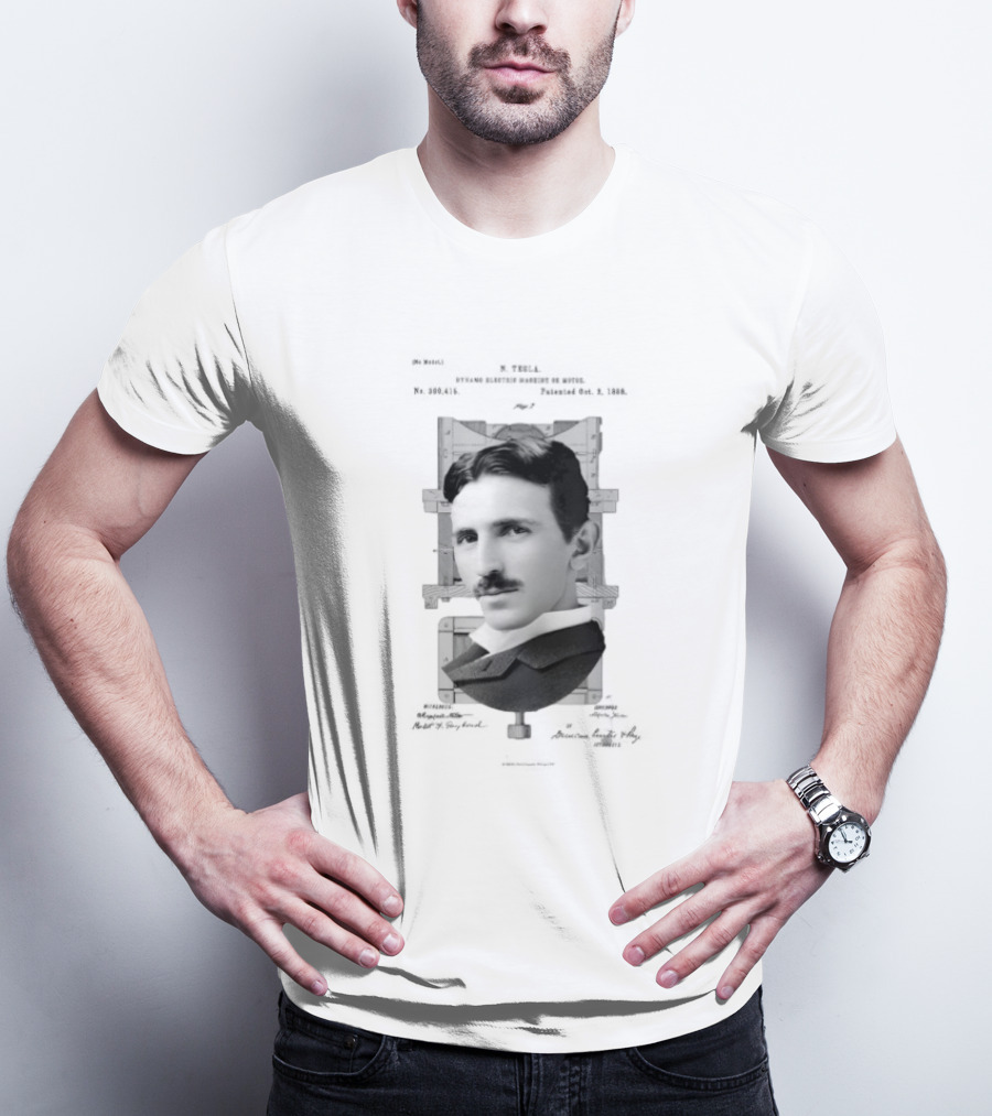 Nikola Tesla Portrait Over Electrical Apparatus Patent Design Image T-Shirt