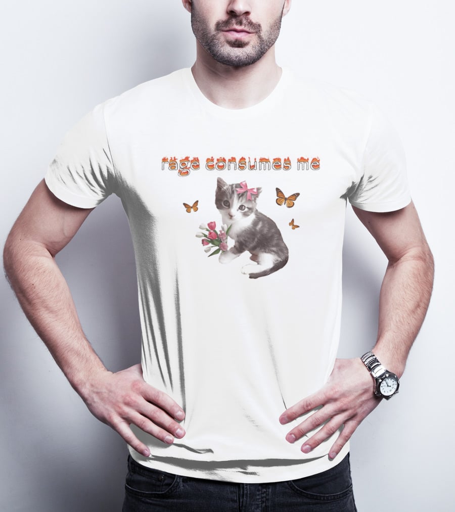 Rage Consumes Me Cat Cute Kitten With Bow Flowers Butterflies T-Shirt