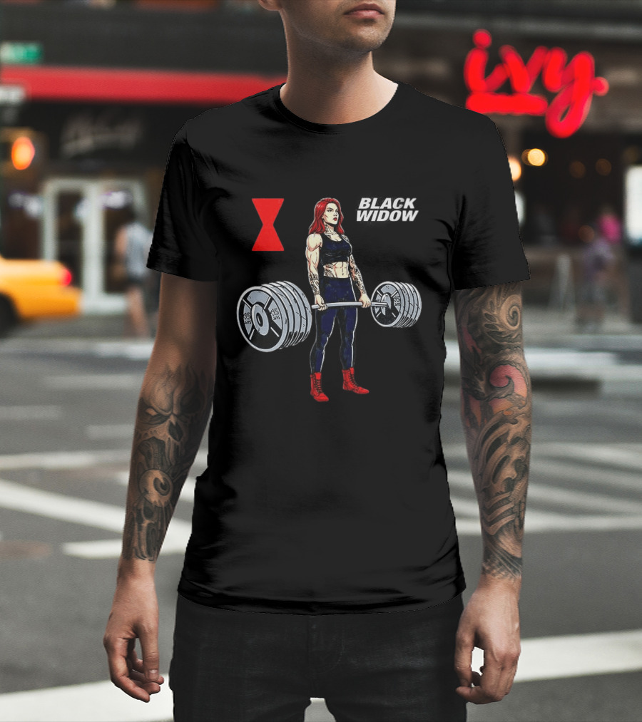 Black Widow Weightlifting Gym Workout Red Hourglass T-Shirt