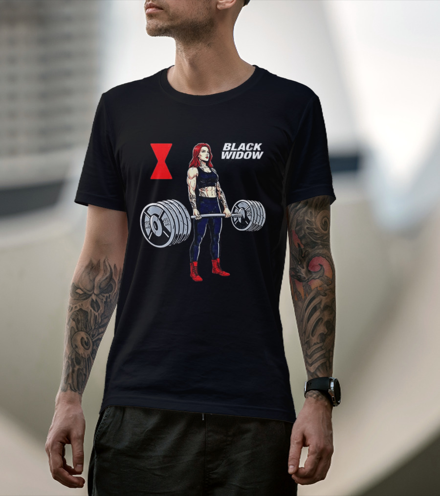Black Widow Weightlifting Gym Workout Red Hourglass T-Shirt
