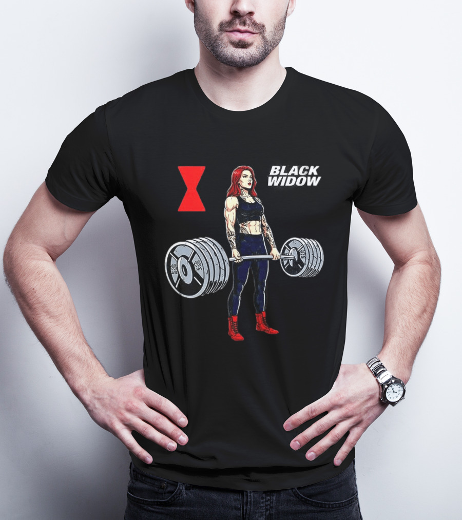 Black Widow Weightlifting Gym Workout Red Hourglass T-Shirt