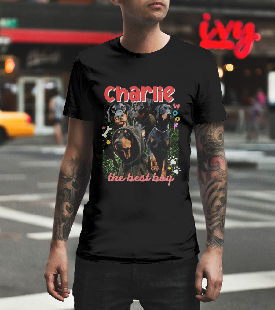 Charlie Woof The Best Boy Dog Paw Prints And Bones T-Shirt