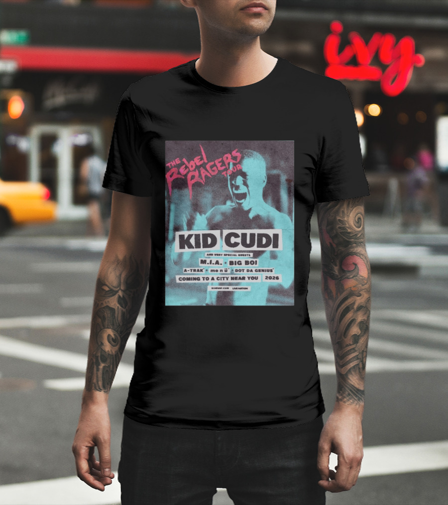 Kid Cudi The Rebel Ragers Tour 2026 Featuring M.I.A. Big Boi A Trak And Dot Da Genius T-Shirt